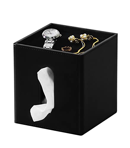 GOLRANLYE Tissue Box Cover Square Multifunctional PU Leather Facial Tissue Box Holder for Dresser Bathroom Decor (Black)