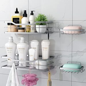 4 pack shower caddy basket shelf with soap holder, no drilling shower organizer with 14 hooks for hanging sponge, towels or razor, rustproof shower shelves for bathroom, kitchen, toilet, power room