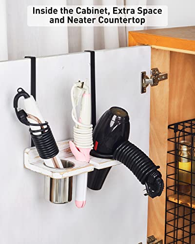 Hair Tool Organizer Under Sink with Cup, Honizer Wooden Hair Dryer Holder Cabinet Door, Bathroom Organizer Under Sink for Curling Iron, Brush, Flat Iron- White