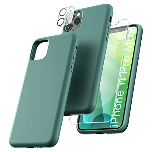 TOCOL 5-in-1 iPhone 11 Pro Max Case: 2 Screen & Camera Protectors, Liquid Silicone, Shockproof, 6.5'' Midnight Green