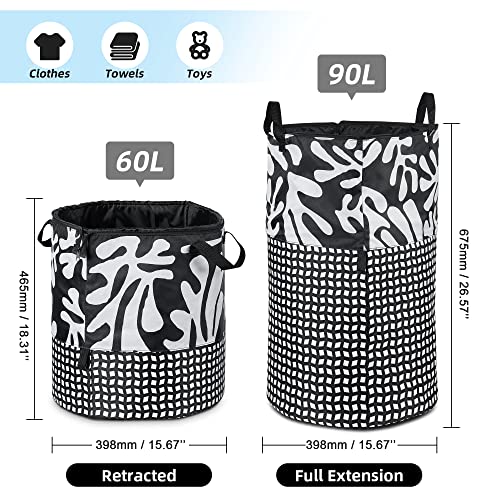 JOMOLA 90L Large Collapsible Laundry Basket, Round Waterproof Laundry Hamper with Handles & Zipper, Dirty Clothes Hamper for Bedroom, Bathroom, Family, College Dorms, Toy Organizer (Black White)