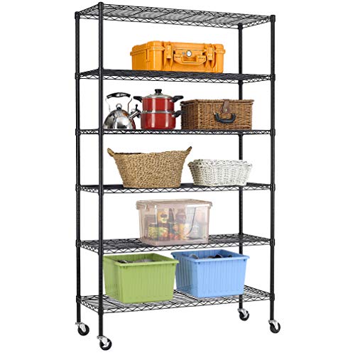 Vnewone 6 Tier Storage Shelves Large Wire Shelving Unit Metal Garage Shelving NSF 82”x48”x18” Heavy Duty Height Adjustable Commercial Grade Utility Steel Rack 2100 LBS Capacity with Wheels,Black