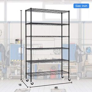 Vnewone 6 Tier Storage Shelves Large Wire Shelving Unit Metal Garage Shelving NSF 82”x48”x18” Heavy Duty Height Adjustable Commercial Grade Utility Steel Rack 2100 LBS Capacity with Wheels,Black