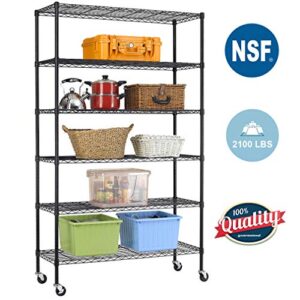 Vnewone 6 Tier Storage Shelves Large Wire Shelving Unit Metal Garage Shelving NSF 82”x48”x18” Heavy Duty Height Adjustable Commercial Grade Utility Steel Rack 2100 LBS Capacity with Wheels,Black