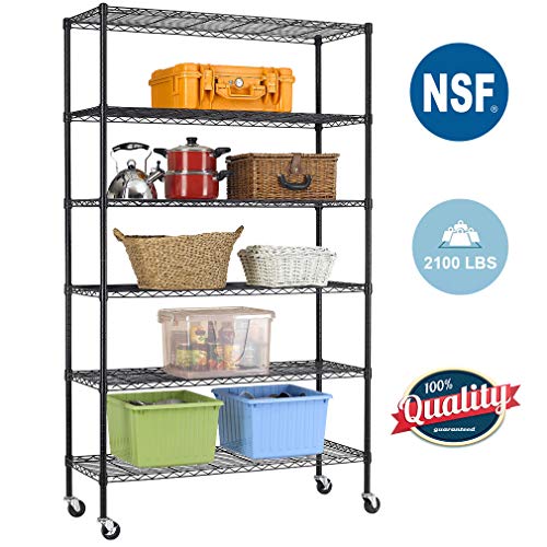 Vnewone 6 Tier Storage Shelves Large Wire Shelving Unit Metal Garage Shelving NSF 82”x48”x18” Heavy Duty Height Adjustable Commercial Grade Utility Steel Rack 2100 LBS Capacity with Wheels,Black