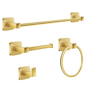 bathroom hardware set 4 pieces,gold towel bar set stainless steel, 17in hand towel bar, towel ring, robe towel hooks,toilet paper holder, bathroom towel rack set