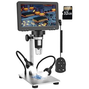 7" lcd digital microscope 1200x, 1080p fhd video microscope with pc view, usb coin microscope with wired remote,10 led lights, 32gb sd card, 12mp camera microscopes for kids/adults