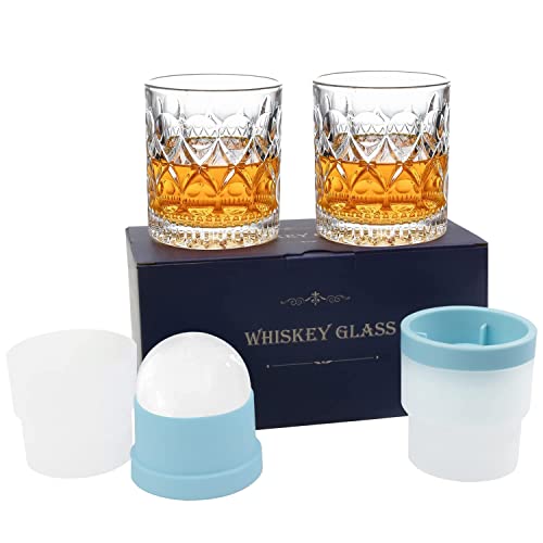 Caicai Baby 2PC Whiskey Glasses with 2 Ice Ball Maker Molds, Old Fashioned Rock Glasses for Bourbon, Scotch,Rum,Whiskey Gift for Men, Bourbon Glass Set of 4