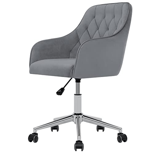 VANSPACE Velvet Desk Chair Vanity Chair for Makeup with Wheels and Back Home Office Chair Adjustable Rolling Swivel Chair for Bedroom Vanity Room Grey