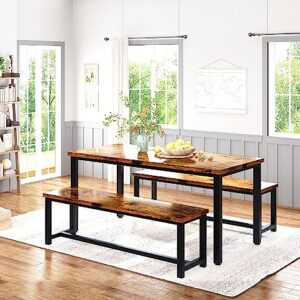 Recaceik 47” Dining Table Set with Benches, 3 Pieces Dining Room Table Set for 4, Wood Kitchen Table and Chair Set with Sturdy Frame, Space Saving Dinette Set for Breakfast Nook, Brown