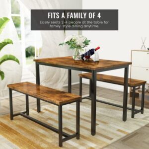 Recaceik 47” Dining Table Set with Benches, 3 Pieces Dining Room Table Set for 4, Wood Kitchen Table and Chair Set with Sturdy Frame, Space Saving Dinette Set for Breakfast Nook, Brown