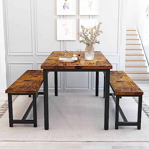 Recaceik 47” Dining Table Set with Benches, 3 Pieces Dining Room Table Set for 4, Wood Kitchen Table and Chair Set with Sturdy Frame, Space Saving Dinette Set for Breakfast Nook, Brown