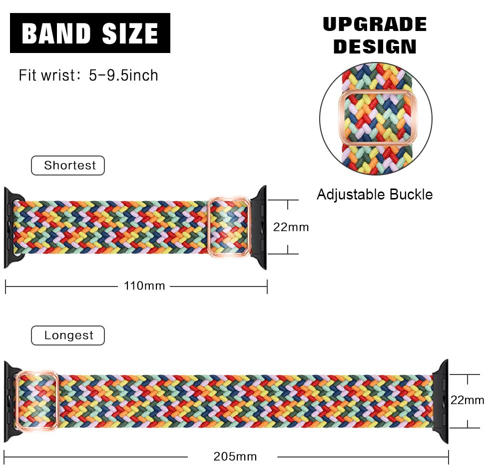 Wangmai Compatible with Apple Watch Band 38mm 40mm 41mm 42mm 44mm 45mm 49mm, Adjustable Stretchy Elastic Braided Solo Loop Wristbands for iWatch Series 8 7 6 5 4 3 2 1 SE Ultra, Rainbow 38mm/40mm/41mm