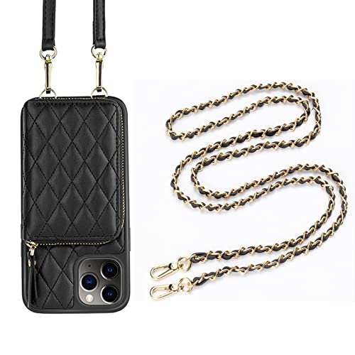 LAMEEKU Designed for iPhone 11 Pro Wallet Case, Case Wallet with Crosbody Leather Strap & Gold Chain Strap Compatible for iPhone 11 Pro-Black