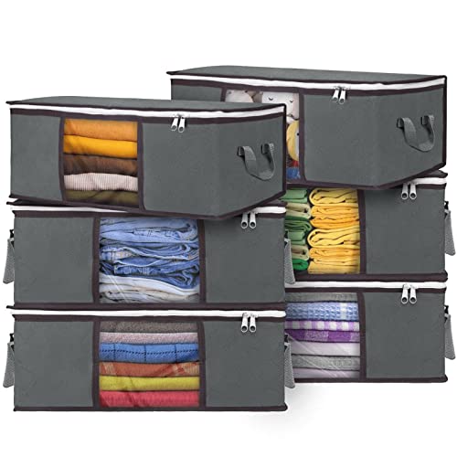 Budding Joy 35L Storage Bags, Clothes Storage Bins Foldable Closet Organizers Storage with Durable Handles Clear Window Thick Fabric Storage Containers for Clothes Blanket Sweater Toys, 6 Pack, Grey