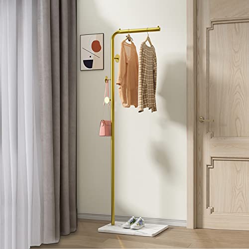 VEKOID Metal Coat Rack Freestanding with Natural Marble Base, Entryway Coats Hanger Stand with 3 Hooks, Home Hotel Hall Tree for Coats, Hats, Scarves, Clothes, and Handbags (Light Gold)