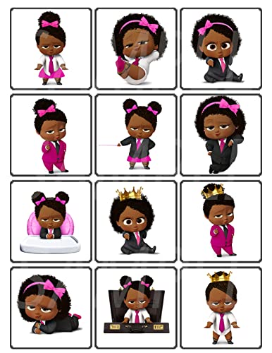 Black Girl Boss Baby Stickers, Large 2.5” Square DIY Stickers to Place onto Party Favor Bags, Cellophane Bags, Boxes or Candles -12 pcs, African American, Hot Pink