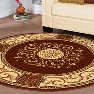 SUPERIOR Classic Elegant Floral Medallion Power-Loomed Indoor Area Rug, 5' Round, Toffee