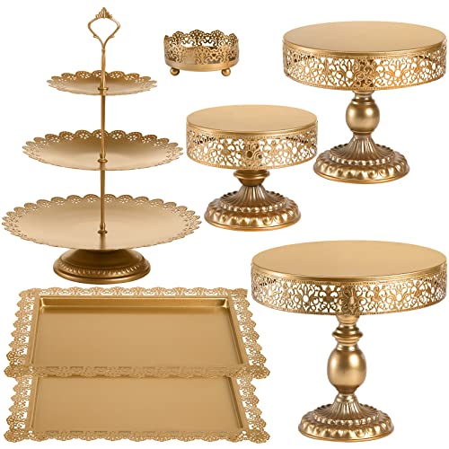 Lyellfe Set of 7 Gold Cake Stand, Metal Cake Stand Set for Dessert Table, Decorative Dessert Display Set for Birthday Party, Wedding, Afternoon Tea, Festival