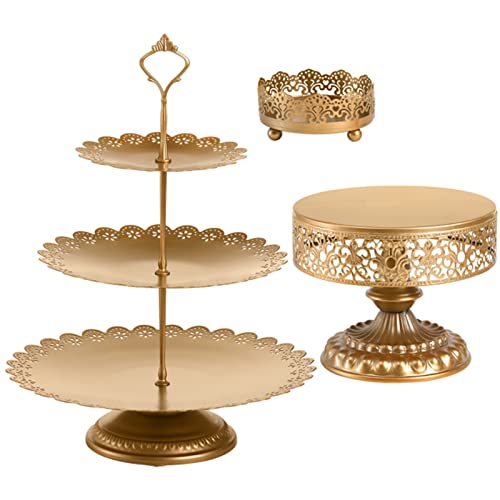 Lyellfe Set of 7 Gold Cake Stand, Metal Cake Stand Set for Dessert Table, Decorative Dessert Display Set for Birthday Party, Wedding, Afternoon Tea, Festival