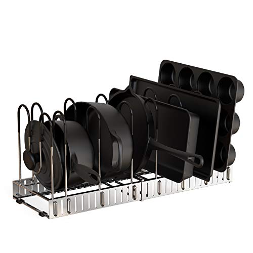 GeekDigg Pot Rack Organizer under Cabinet, 3 DIY Methods, Height and Position are Adjustable 8+ Pots Lid Holder & Pot and Pan Organizer for Cabinet, Extensible and Length Adjustable Lid Rack for 10+