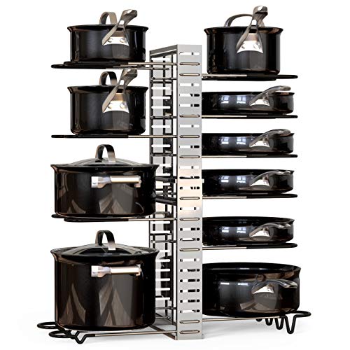 GeekDigg Pot Rack Organizer under Cabinet, 3 DIY Methods, Height and Position are Adjustable 8+ Pots Lid Holder & Pot and Pan Organizer for Cabinet, Extensible and Length Adjustable Lid Rack for 10+