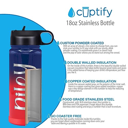 Personalized Children Water Bottle with Lid and Protective Silicone Boot Custom Navy Blue Coral Ombre 18 oz Modern Insulated Stainless Steel for Boys and Girls