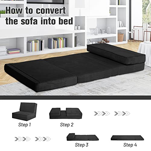 COSTWAY Convertible Flip Chair, 5-Position Adjustable Triple Fold Down Sofa Bed, Steel Frame, Soft Suede Fabric, Upholstered Floor Sleeper Dorm Game Bed for Living Room, Bedroom, Guest Room (Black)