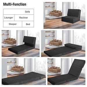 COSTWAY Convertible Flip Chair, 5-Position Adjustable Triple Fold Down Sofa Bed, Steel Frame, Soft Suede Fabric, Upholstered Floor Sleeper Dorm Game Bed for Living Room, Bedroom, Guest Room (Black)