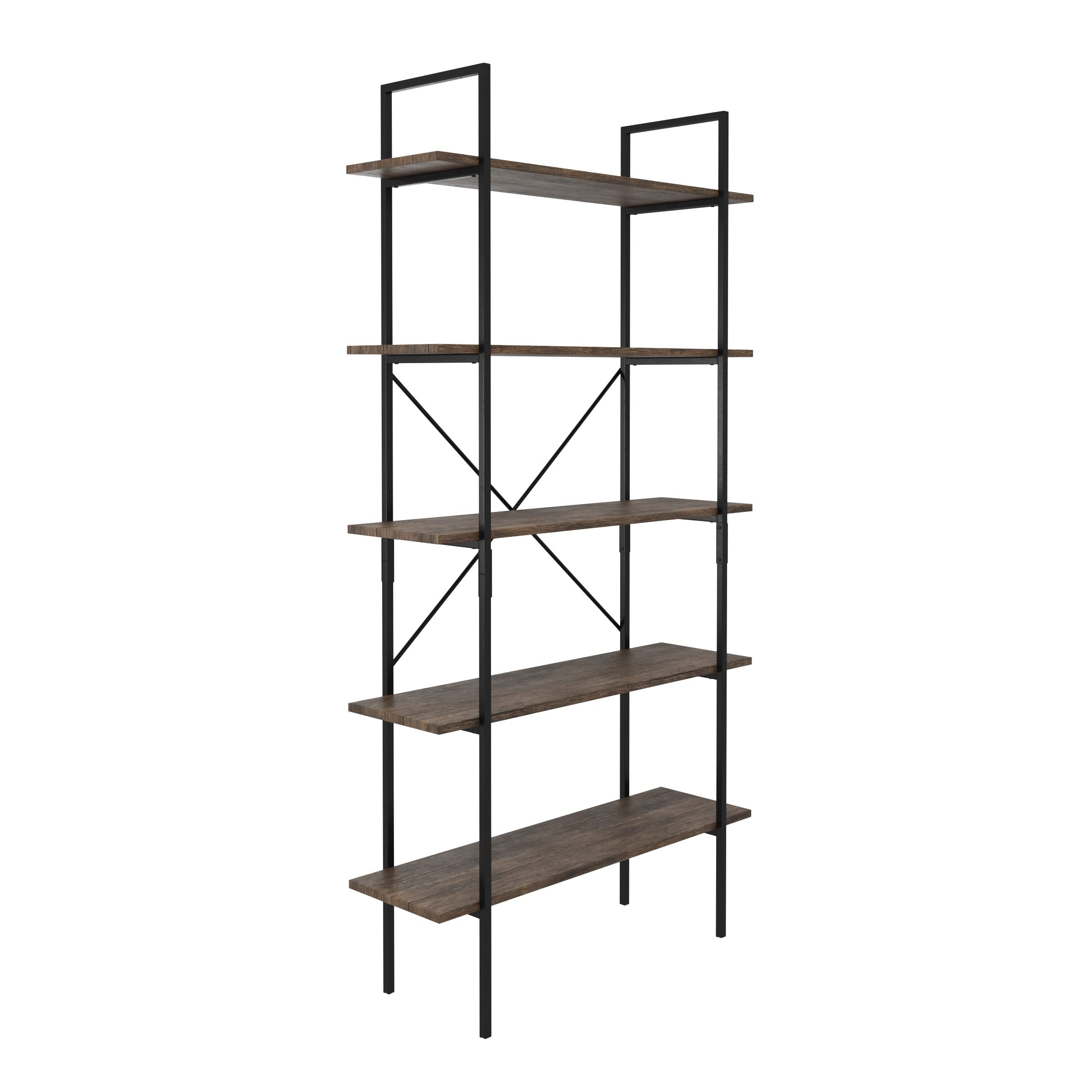 Lavish Home 5-Tier Bookshelf – Open Industrial Style Wooden Bookcase – Freestanding Shelving Unit for Home or Office (Brown Woodgrain) Set of 2