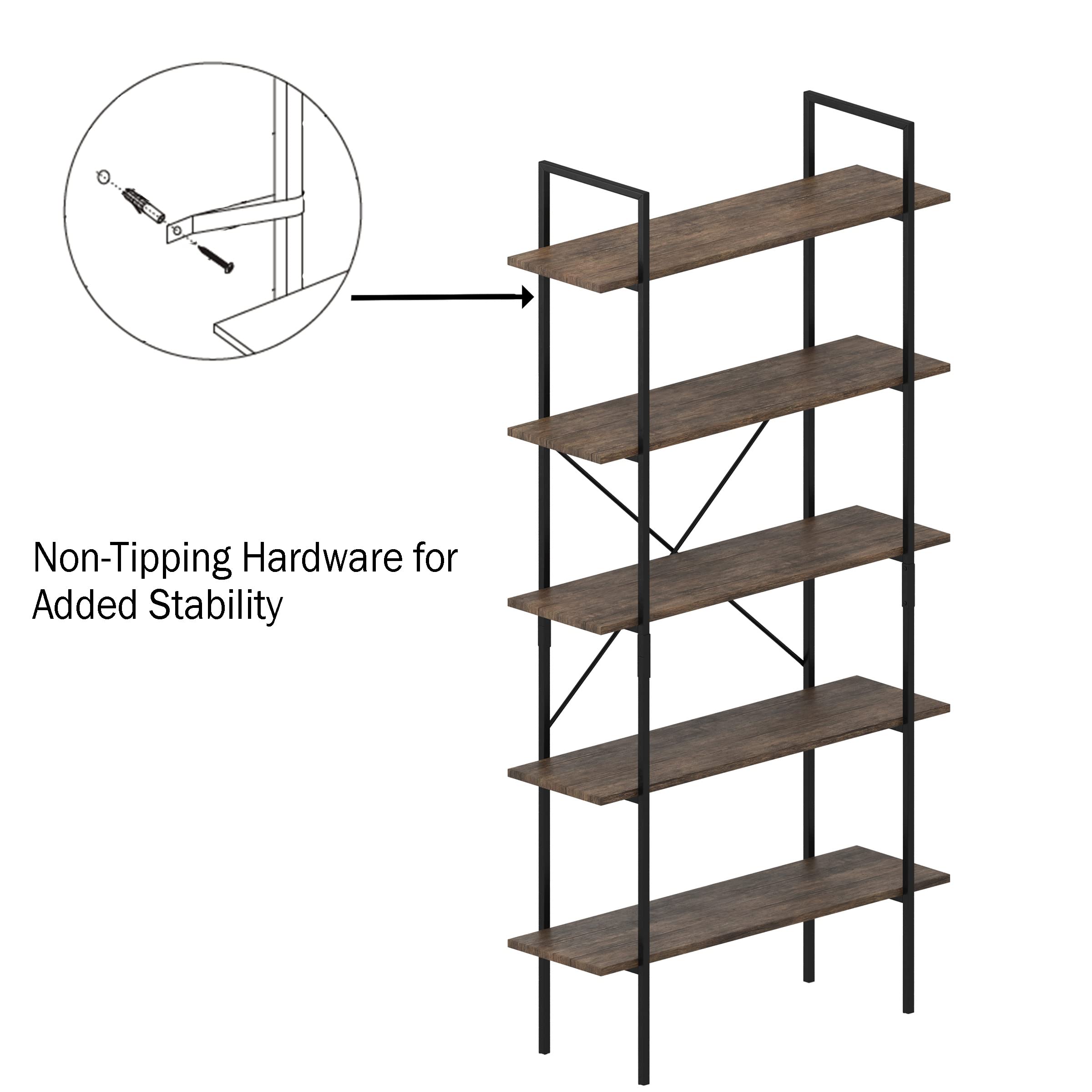 Lavish Home 5-Tier Bookshelf – Open Industrial Style Wooden Bookcase – Freestanding Shelving Unit for Home or Office (Brown Woodgrain) Set of 2