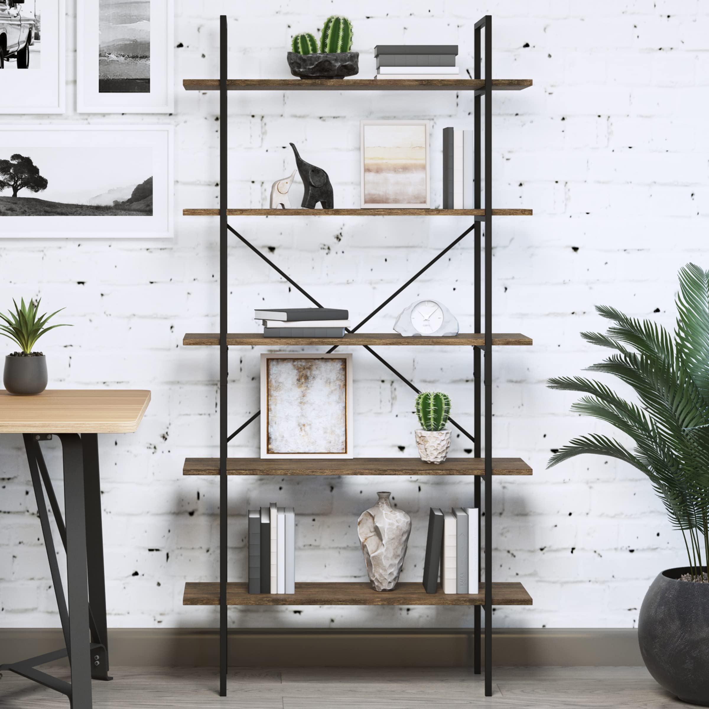 Lavish Home 5-Tier Bookshelf – Open Industrial Style Wooden Bookcase – Freestanding Shelving Unit for Home or Office (Brown Woodgrain) Set of 2