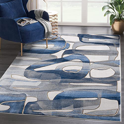 Abani Unique Blue & Grey Modern Circles Design Area Rug - Contemporary Asymmetric Print Non-Shed 6’ x 9’ Living Room Rug Rugs