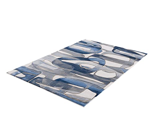 Abani Unique Blue & Grey Modern Circles Design Area Rug - Contemporary Asymmetric Print Non-Shed 6’ x 9’ Living Room Rug Rugs