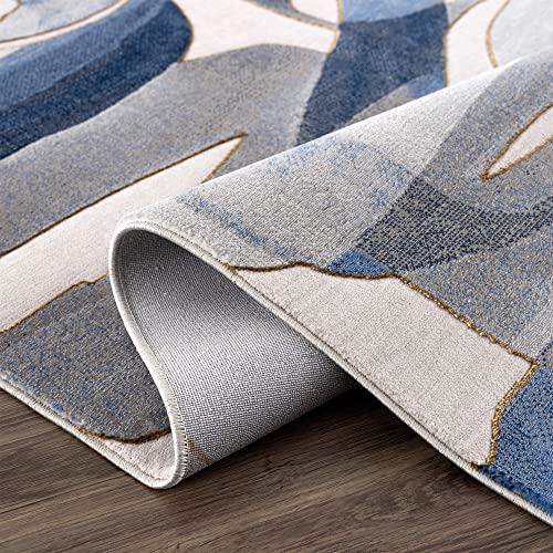 Abani Unique Blue & Grey Modern Circles Design Area Rug - Contemporary Asymmetric Print Non-Shed 6’ x 9’ Living Room Rug Rugs