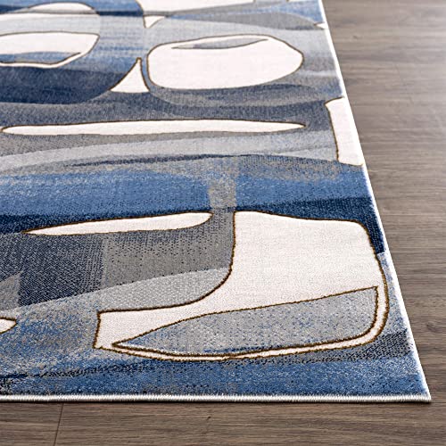 Abani Unique Blue & Grey Modern Circles Design Area Rug - Contemporary Asymmetric Print Non-Shed 6’ x 9’ Living Room Rug Rugs