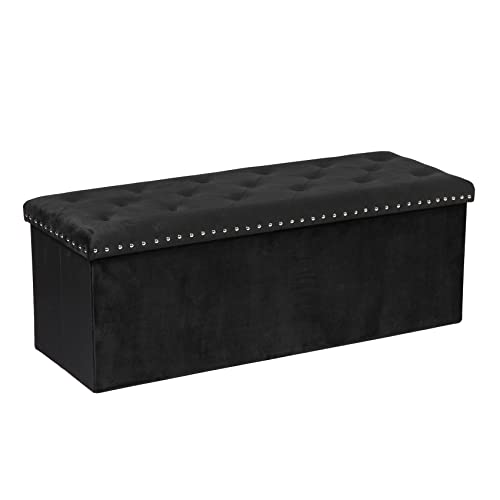 B FSOBEIIALEO Storage Ottoman Bench, Folding Tufted Ottomans with Storage, Extra Large 140L Storage Chest Storage Boxes Footrest Bench for Bedroom, Luxury Velvet Fabric 43 Inches Black