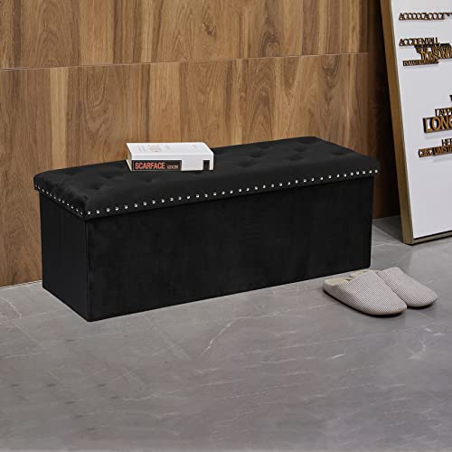 B FSOBEIIALEO Storage Ottoman Bench, Folding Tufted Ottomans with Storage, Extra Large 140L Storage Chest Storage Boxes Footrest Bench for Bedroom, Luxury Velvet Fabric 43 Inches Black