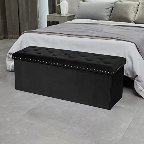 B FSOBEIIALEO Storage Ottoman Bench, Folding Tufted Ottomans with Storage, Extra Large 140L Storage Chest Storage Boxes Footrest Bench for Bedroom, Luxury Velvet Fabric 43 Inches Black