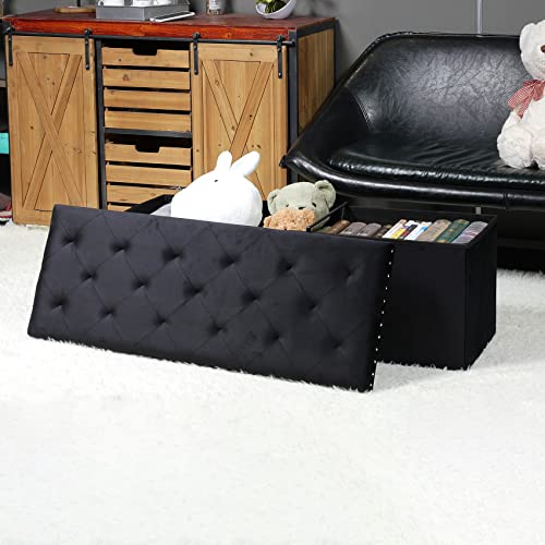 B FSOBEIIALEO Storage Ottoman Bench, Folding Tufted Ottomans with Storage, Extra Large 140L Storage Chest Storage Boxes Footrest Bench for Bedroom, Luxury Velvet Fabric 43 Inches Black