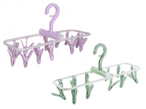 Ruoxian 2 Pieces Laundry Hanger Foldable Portable with Clips Drying Rack for Socks Lingerie Plastic Clothes Travelling (Purple+Green)