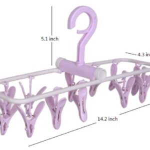 Ruoxian 2 Pieces Laundry Hanger Foldable Portable with Clips Drying Rack for Socks Lingerie Plastic Clothes Travelling (Purple+Green)