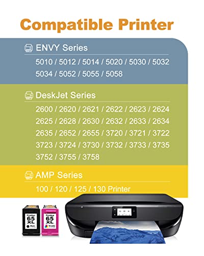 Prinkton Remanufactured Ink Cartridges Replacement for HP 65 XL 65XL 65XXL 65 XXL Combo Pack for Envy 5055 5052 5010 DeskJet 3755 2600 3752 2652 AMP 100 Printer (1 Black 1 Tri-Color)