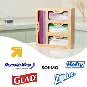 Bamboo Ziplock Bag Storage Organizer for Kitchen Drawer and Wall Mount - Food Baggie Holders Container - Compatible for most brands such as Ziploc, Solimo, Glad, Hefty with different sizes & usages for Gallon, Quart, Sandwich, Snack Variety Size Bags