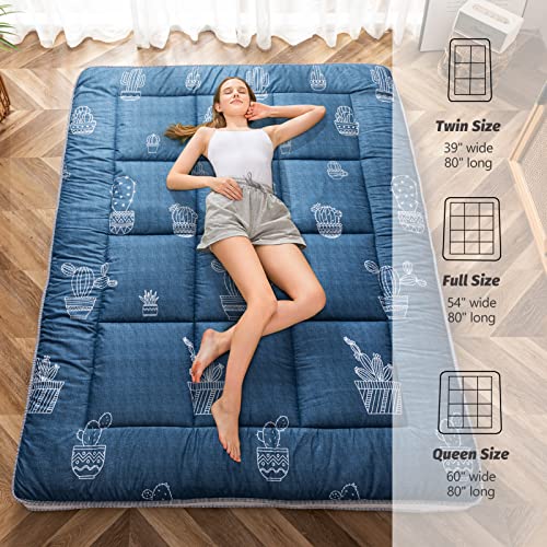 MAXYOYO Grey Cactus Pattern Futon Mattress, Padded Japanese Floor Mattress Quilted Bed Mattress Topper, Extra Thick Folding Sleeping Pad Breathable Floor Lounger Guest Bed for Camping Couch, Twin