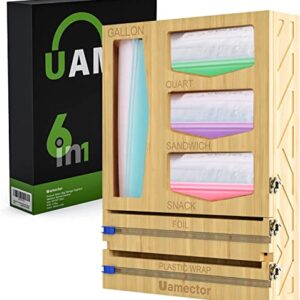 6 In 1 Ziplock Bag Storage Organizer, Foil and Plastic Wrap Organizer, Uamector Bamboo Aluminum Foil Dispenser with Cutter for Kitchen Drawer, Applies to Gallon Quart Sandwich Snack Bags, Cling Film Aluminum Foil, etc