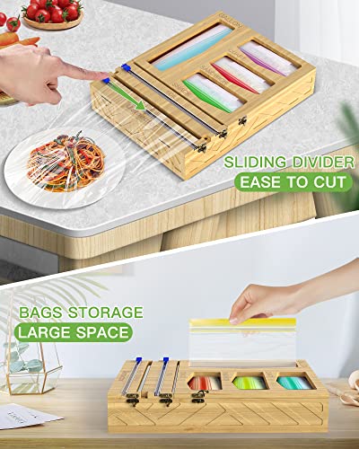 6 In 1 Ziplock Bag Storage Organizer, Foil and Plastic Wrap Organizer, Uamector Bamboo Aluminum Foil Dispenser with Cutter for Kitchen Drawer, Applies to Gallon Quart Sandwich Snack Bags, Cling Film Aluminum Foil, etc