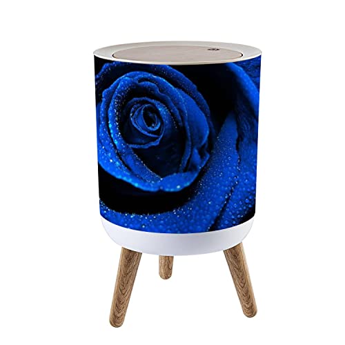 IBPNKFAZ89 Small Trash Can with Lid Beautiful Dark Blue Rose with Water Dew Drops Garbage Bin Wood Waste Bin Press Cover Round Wastebasket for Bathroom Bedroom Diaper Office Kitchen