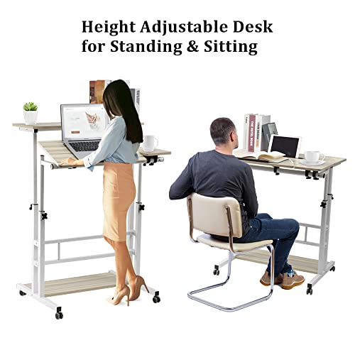 Hadulcet Mobile Standing Desk, Rolling Table Adjustable Computer Desk, Stand Up Laptop Desk Mobile Workstation for Home Office Classroom with Wheels, 31.49 x 23.6 in Beige