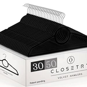 Closetry, Extra Sturdy Hangers, Velvet Hangers, (50/30 Pack) Non-Slip Hanger, Strap Holder Notch, Belt, Tie, and Scarf Loop, Suit Hanger, Dress Hanger, Shirt Hanger, Coat Hanger, Black/Ivory,